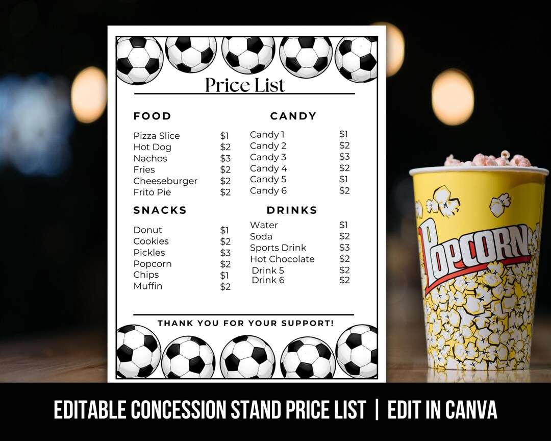 Editable Soccer Concession Stand Price List Menu, Soccer Concession ...