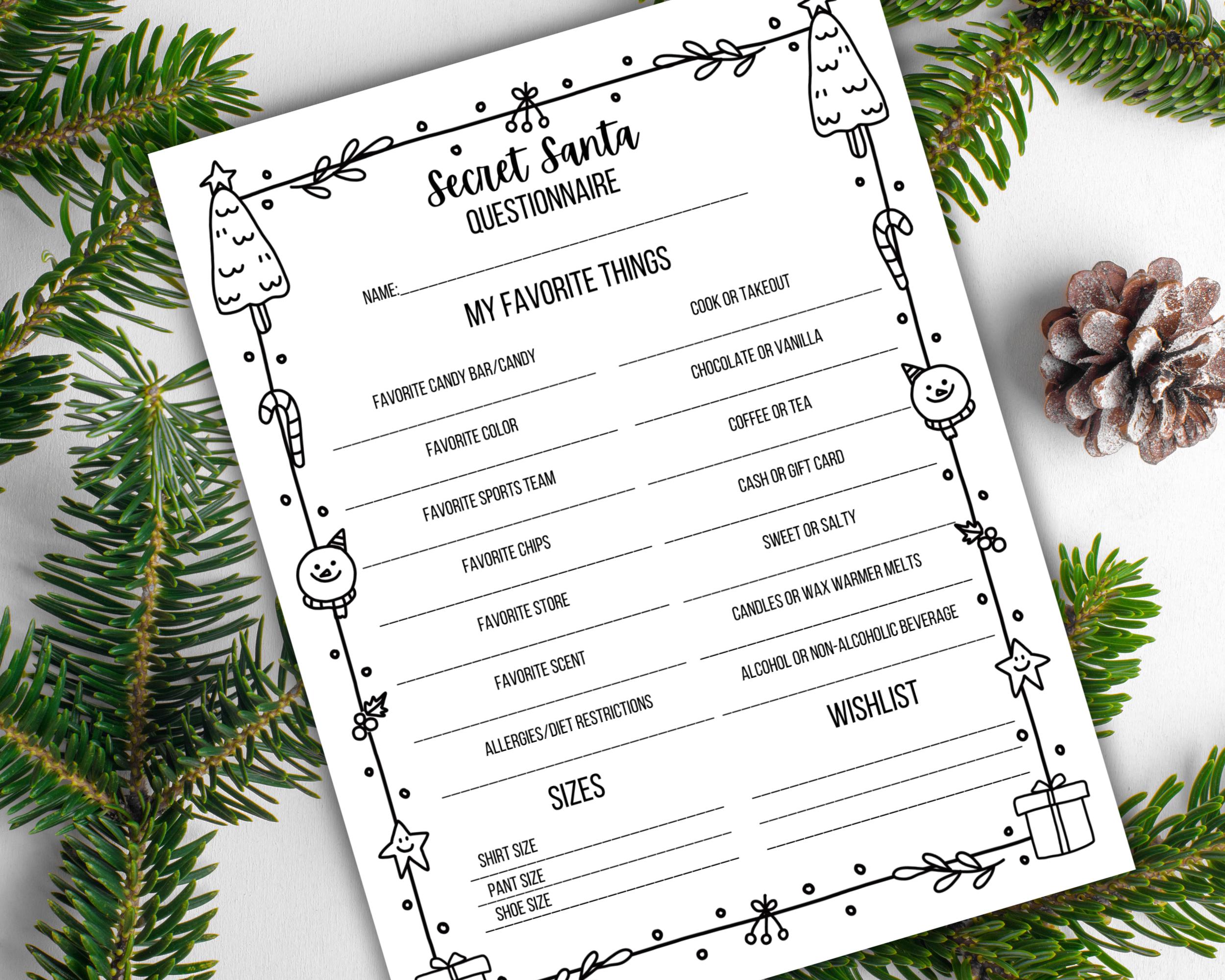 Secret Santa Questionnaire, Secret Santa Survey, Christmas Survey, Gift ...