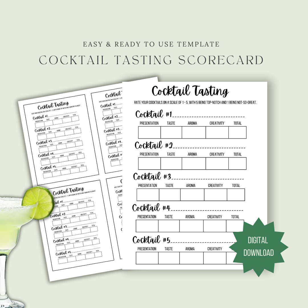 Cocktail Tasting Scorecard, Cocktail Competition, Cocktail Tasting Card ...