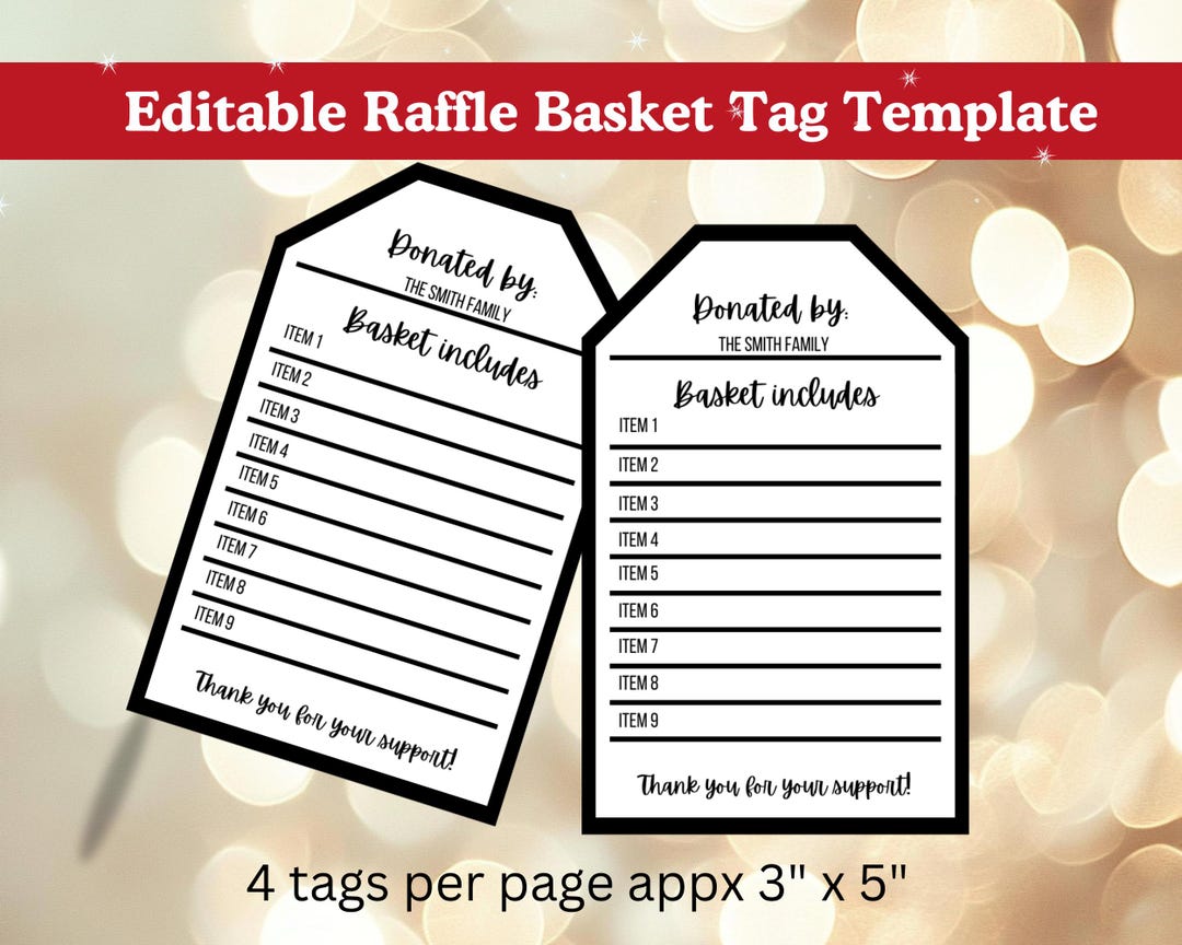 Editable Raffle Basket Tags, Silent Auction Tag Template, Fundraiser Basket Raffle Tag, Donated ...