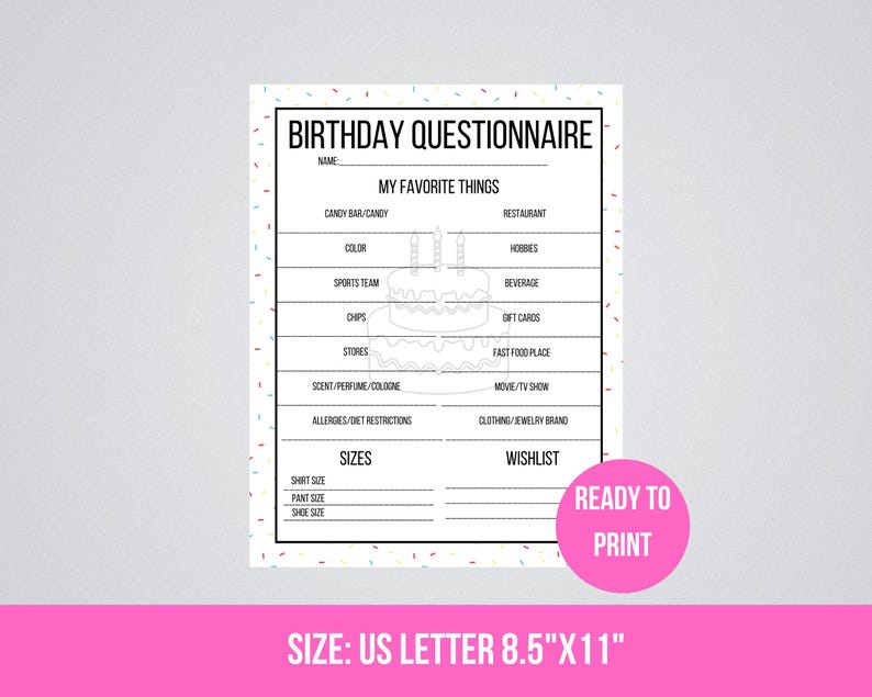 Work Birthday Questionnaire, Favorite Things List for Office Coworkers ...