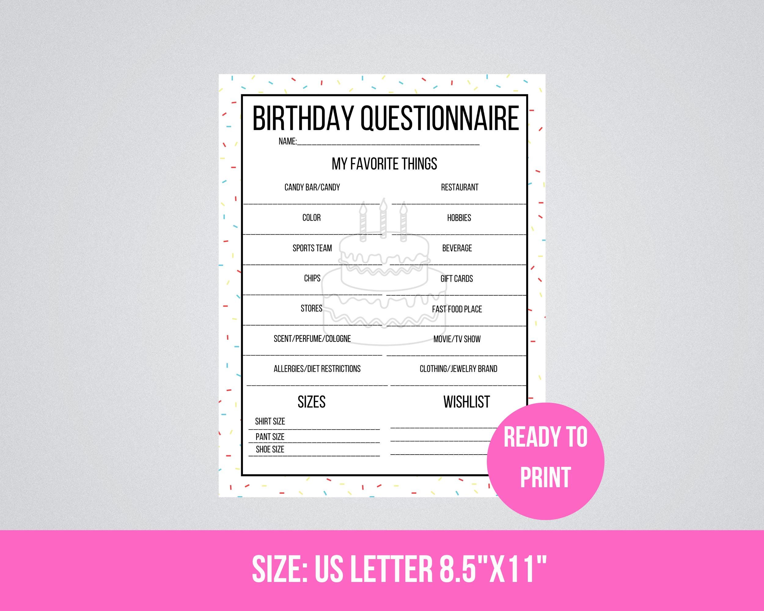 Work Birthday Questionnaire, Favorite Things List for Office Coworkers ...