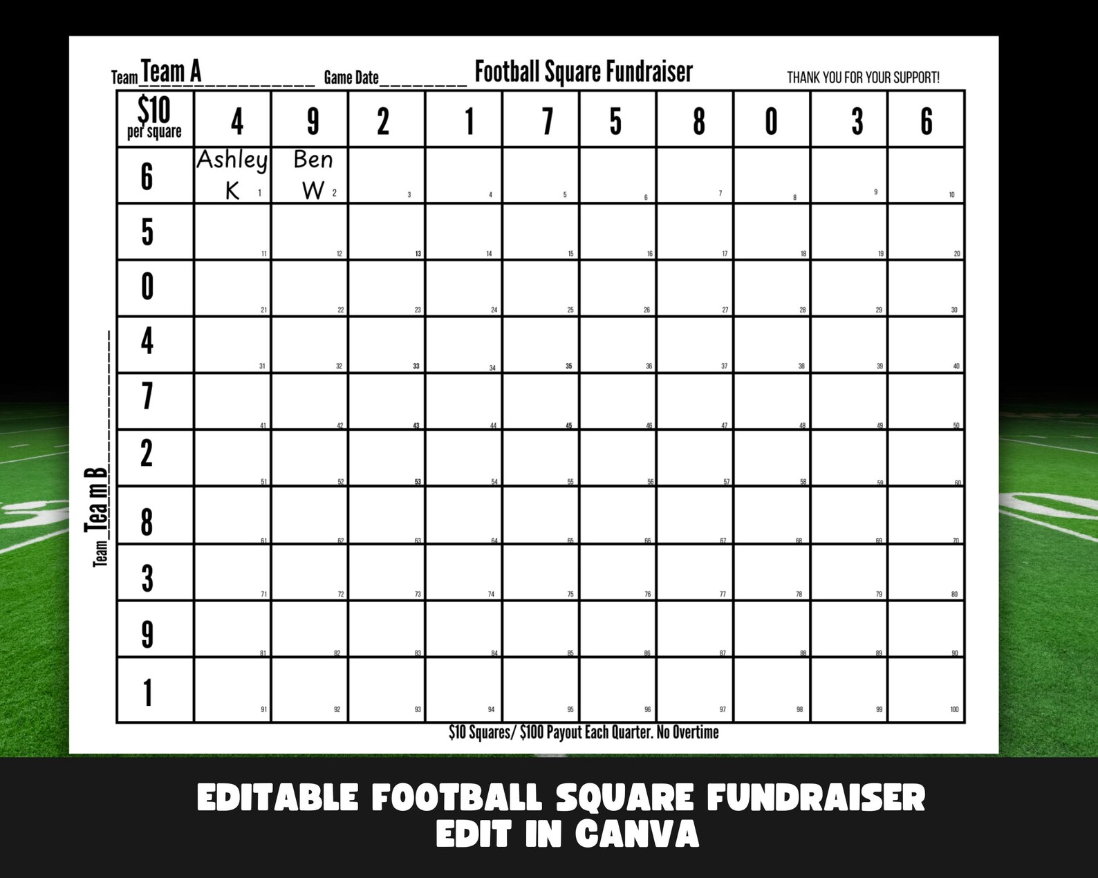 Editable Football Square Fundraiser, Football Pool Template, Football ...