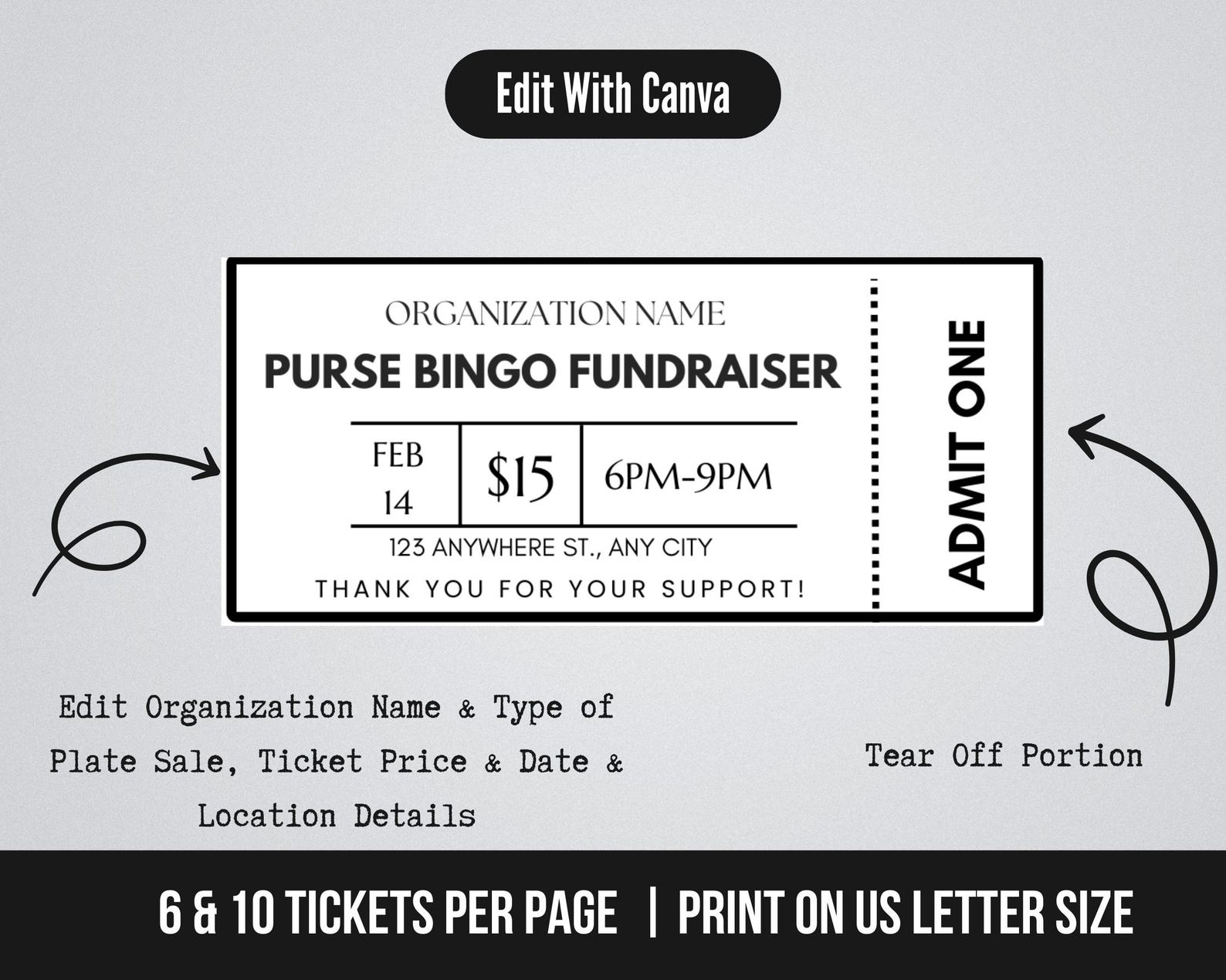 Editable Purse Bingo Fundraiser Ticket Template, Designer Bag Bingo ...