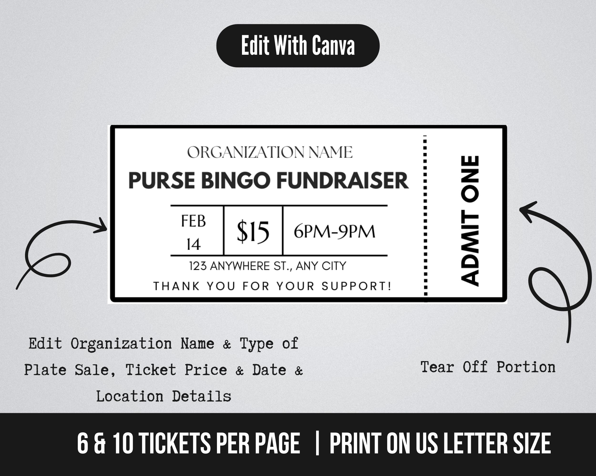 Editable Purse Bingo Fundraiser Ticket Template, Designer Bag Bingo ...