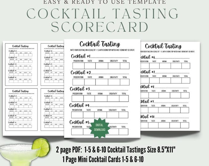 Printable Cocktail Tasting Card, Score Card Scorecard Note, Rack Card ...