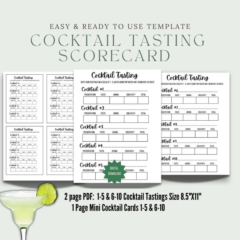 Cocktail Tasting Scorecard, Cocktail Competition, Cocktail Tasting Card ...