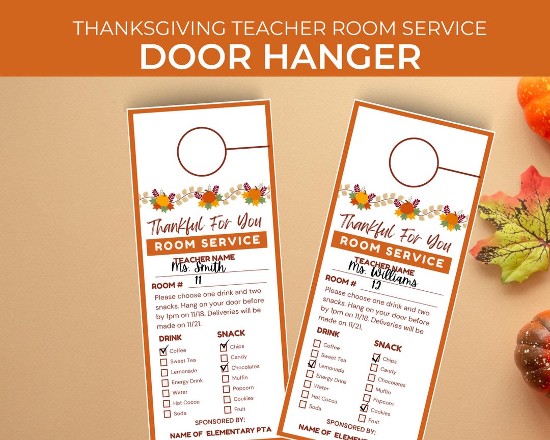 Editable Thanksgiving Teacher VIP Room Service Door Hanger, Thankful ...