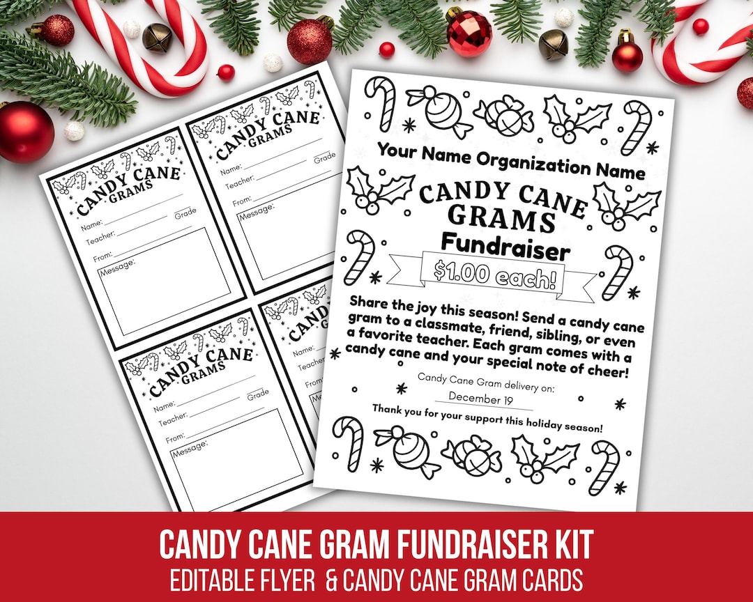 Editable Candy Cane Gram Fundraiser Black White, Candy Cane Gram Kit ...