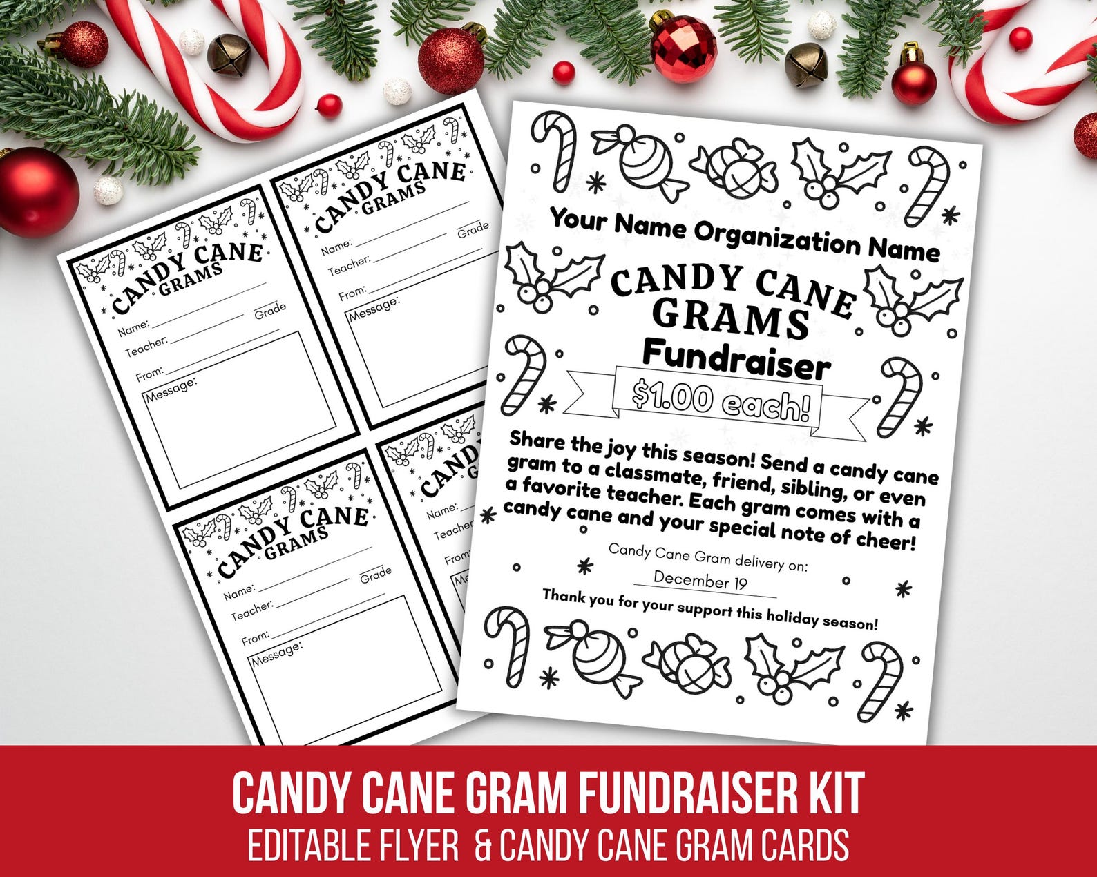 Editable Candy Cane Gram Fundraiser Black White, Candy Cane Gram Kit ...