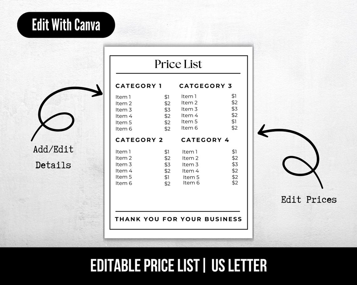 Editable Price List Template, Product Price List Template, Vendor Price ...