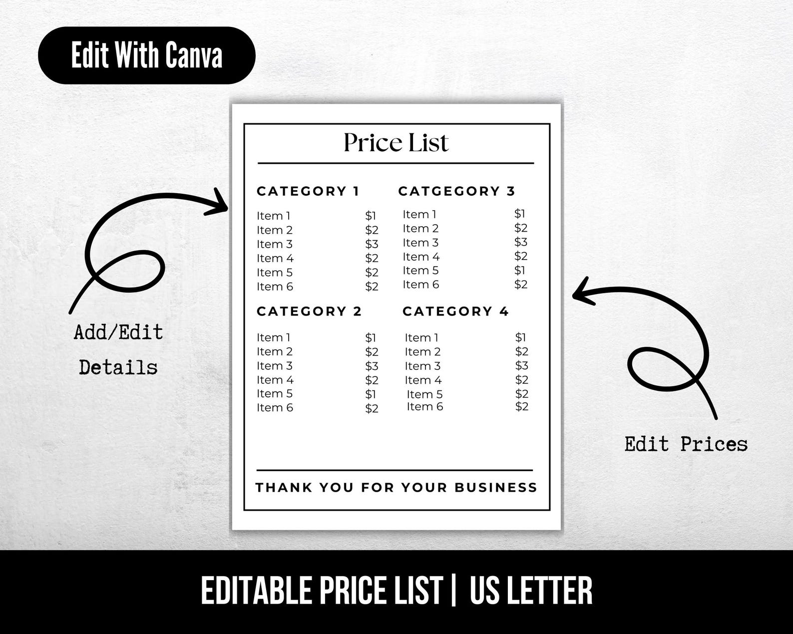 Editable Price List Template, Product Price List Template, Vendor Price ...