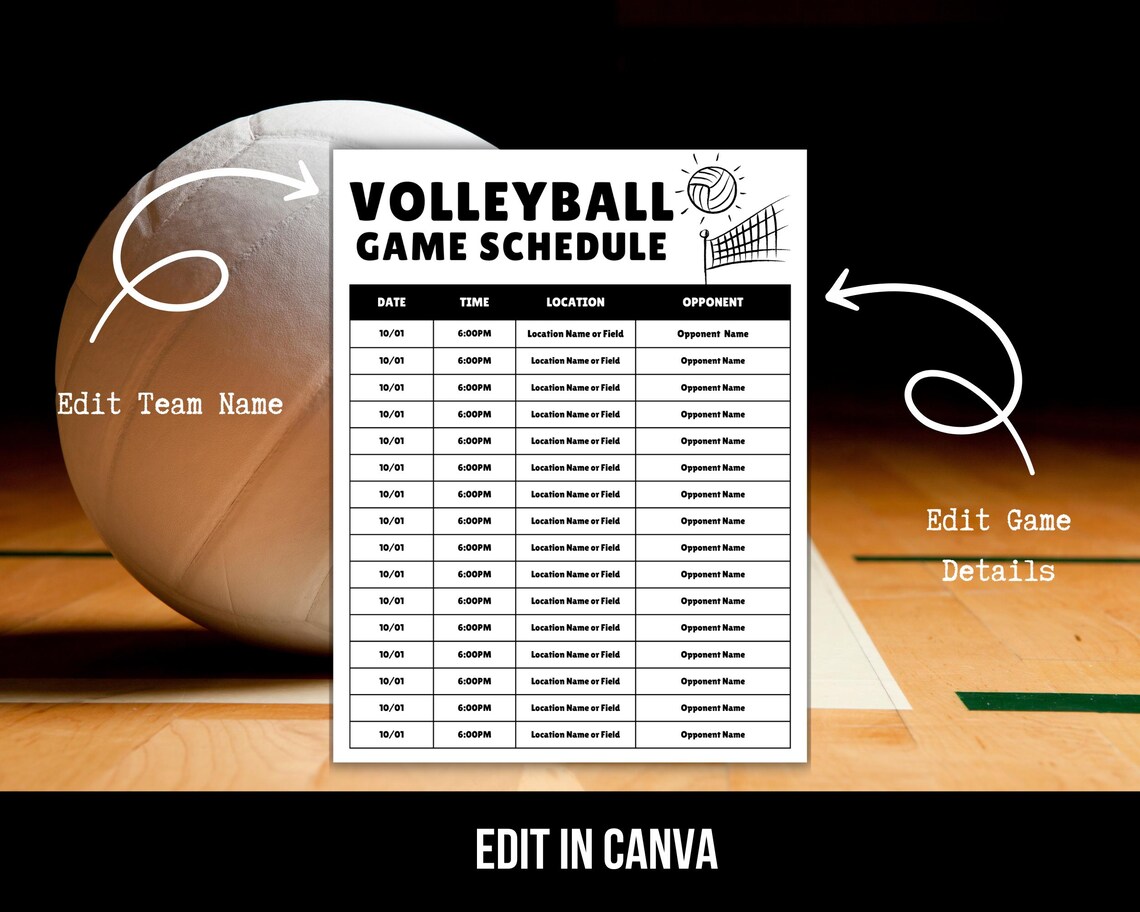 Editable Volleyball Game Schedule Template, Volleyball Team Schedule ...