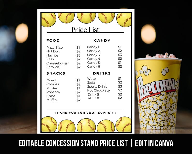 Editable Softball Concession Stand Price List Menu, Softball Concession ...