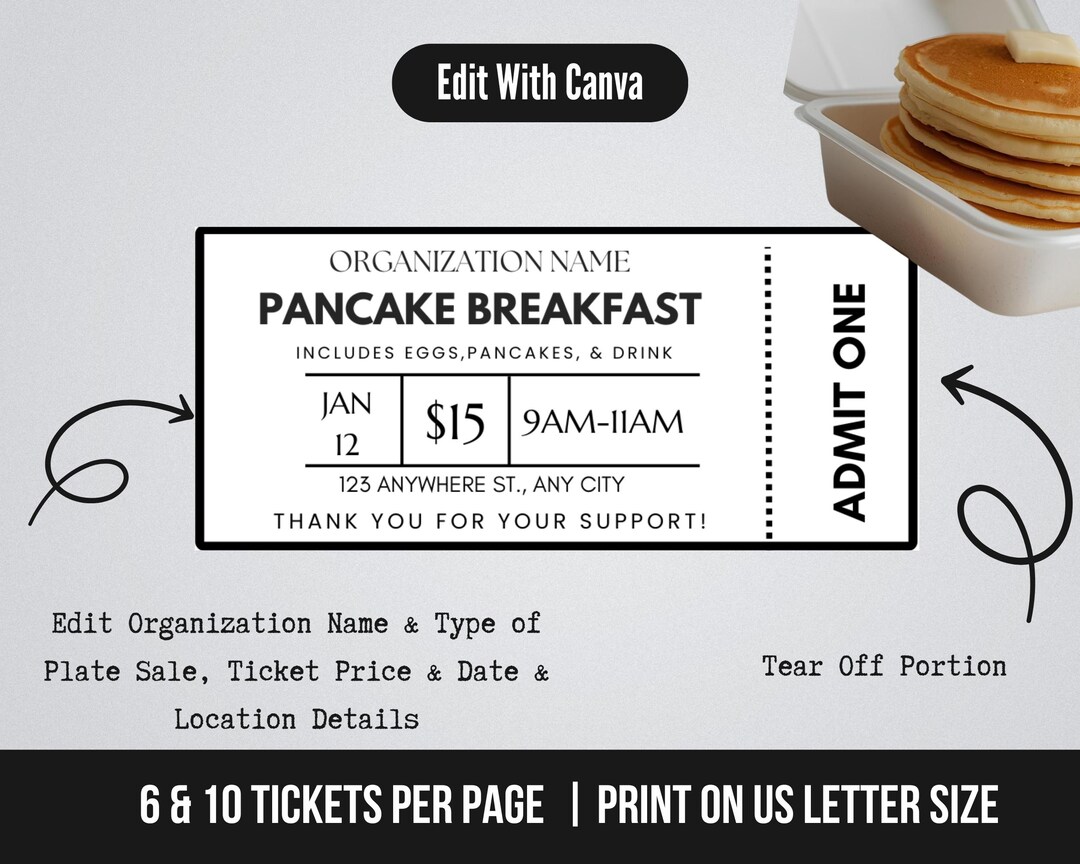 Editable Pancake Breakfast Fundraiser Ticket, Breakfast Plate Sale ...