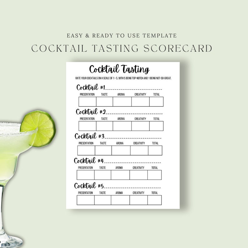 Cocktail Tasting Scorecard, Cocktail Competition, Cocktail Tasting Card ...