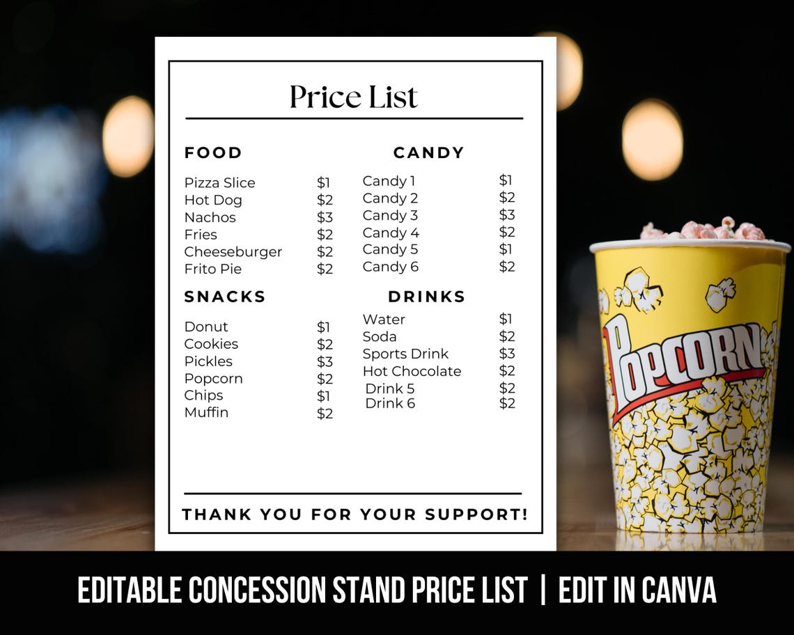 Editable Concession Stand Price List Menu, Simple Food Stand Menu Price ...