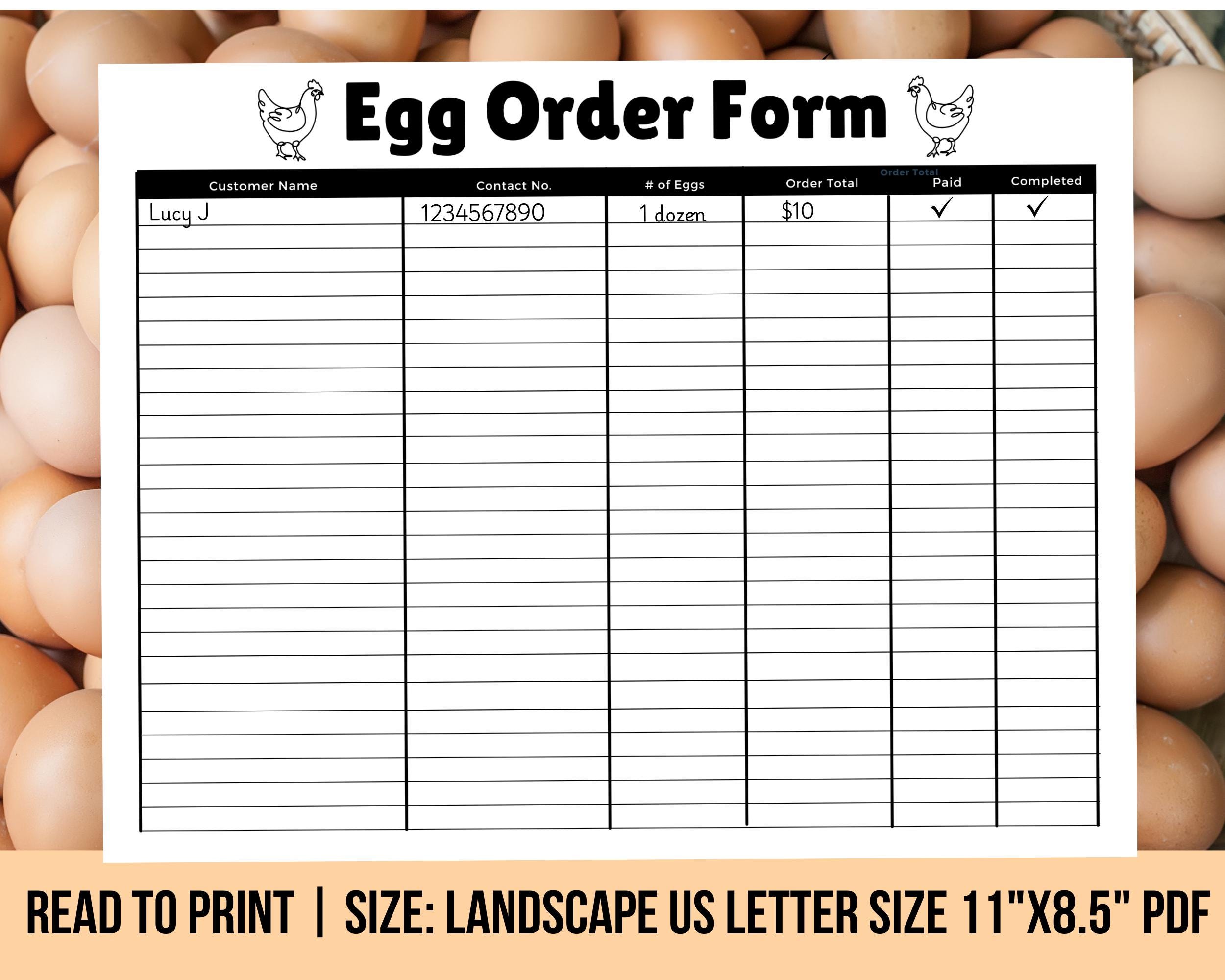 Egg Sales Order Form, Egg Sale Tracker, Egg Order Tracker, Egg Order ...