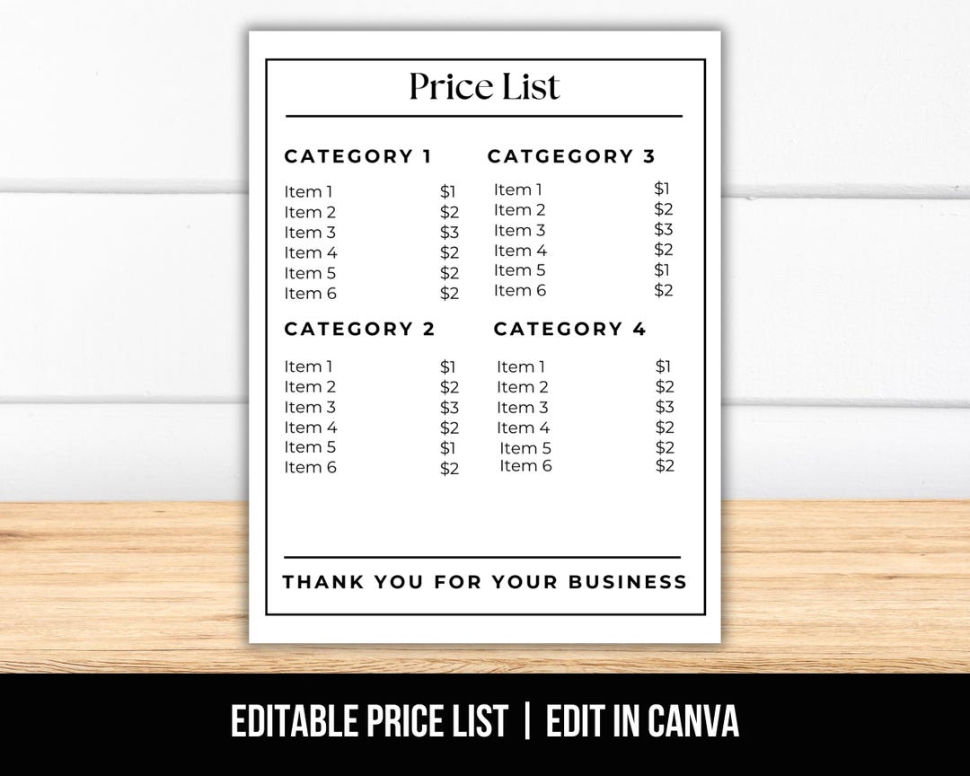 Editable Price List Template, Product Price List Template, Vendor Price ...
