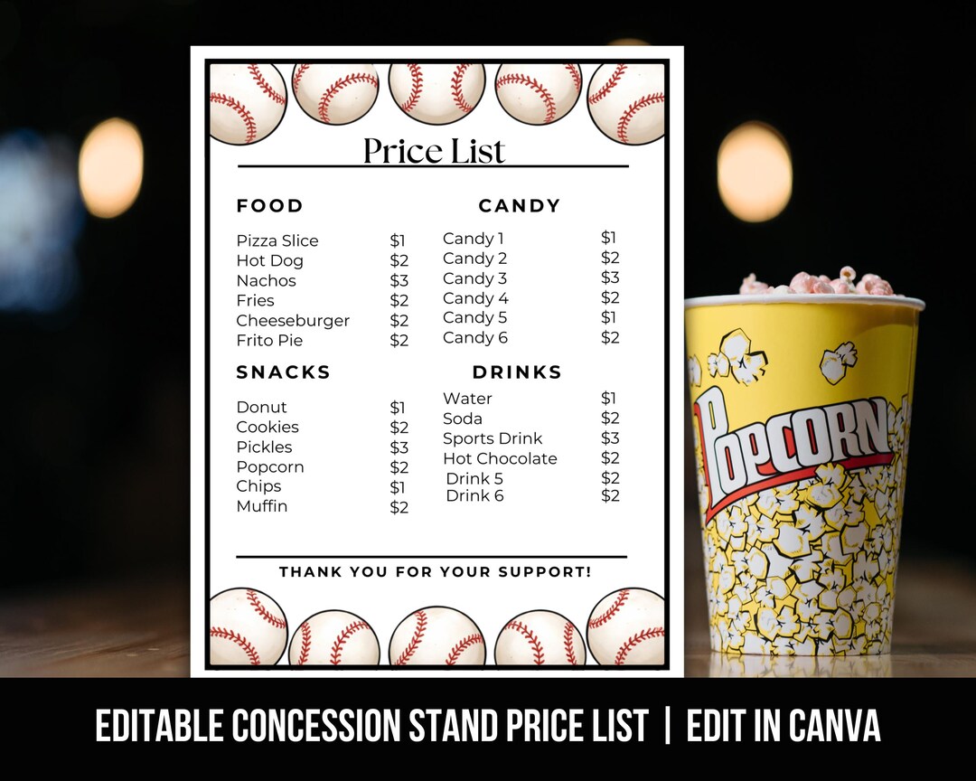 Editable Baseball Concession Stand Price List Menu, Baseball Concession ...