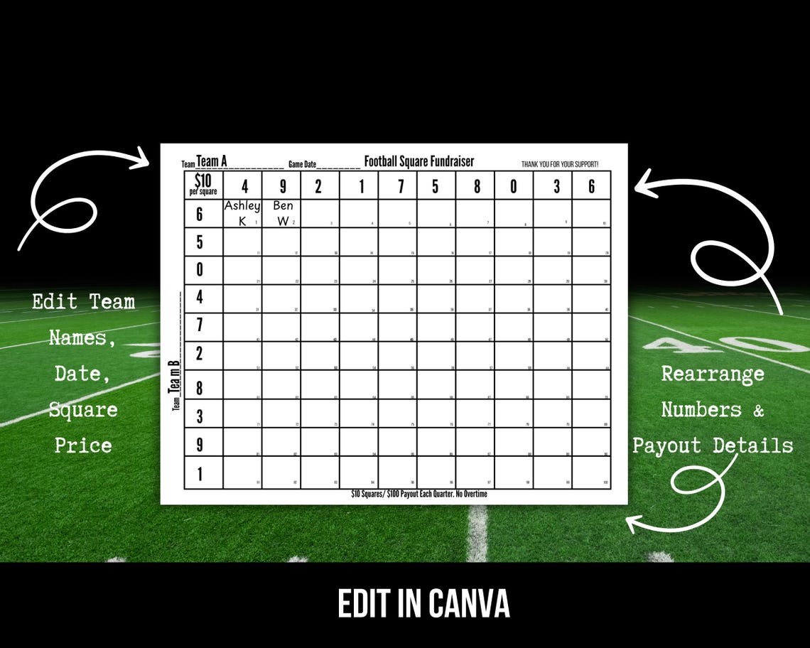 Editable Football Square Fundraiser, Football Pool Template, Football ...