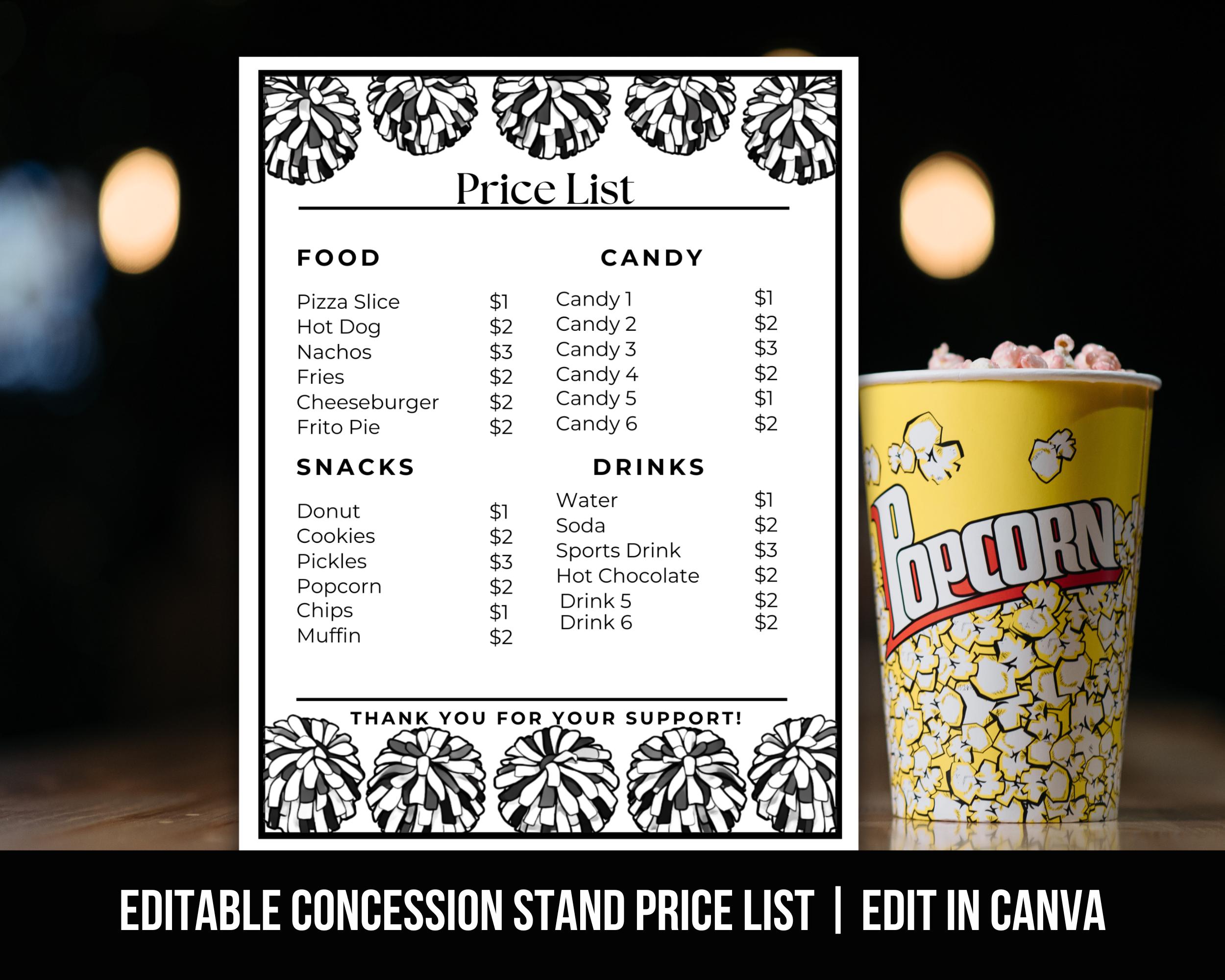 Editable Cheer Concession Stand Price List Menu, Cheer Competition Food ...