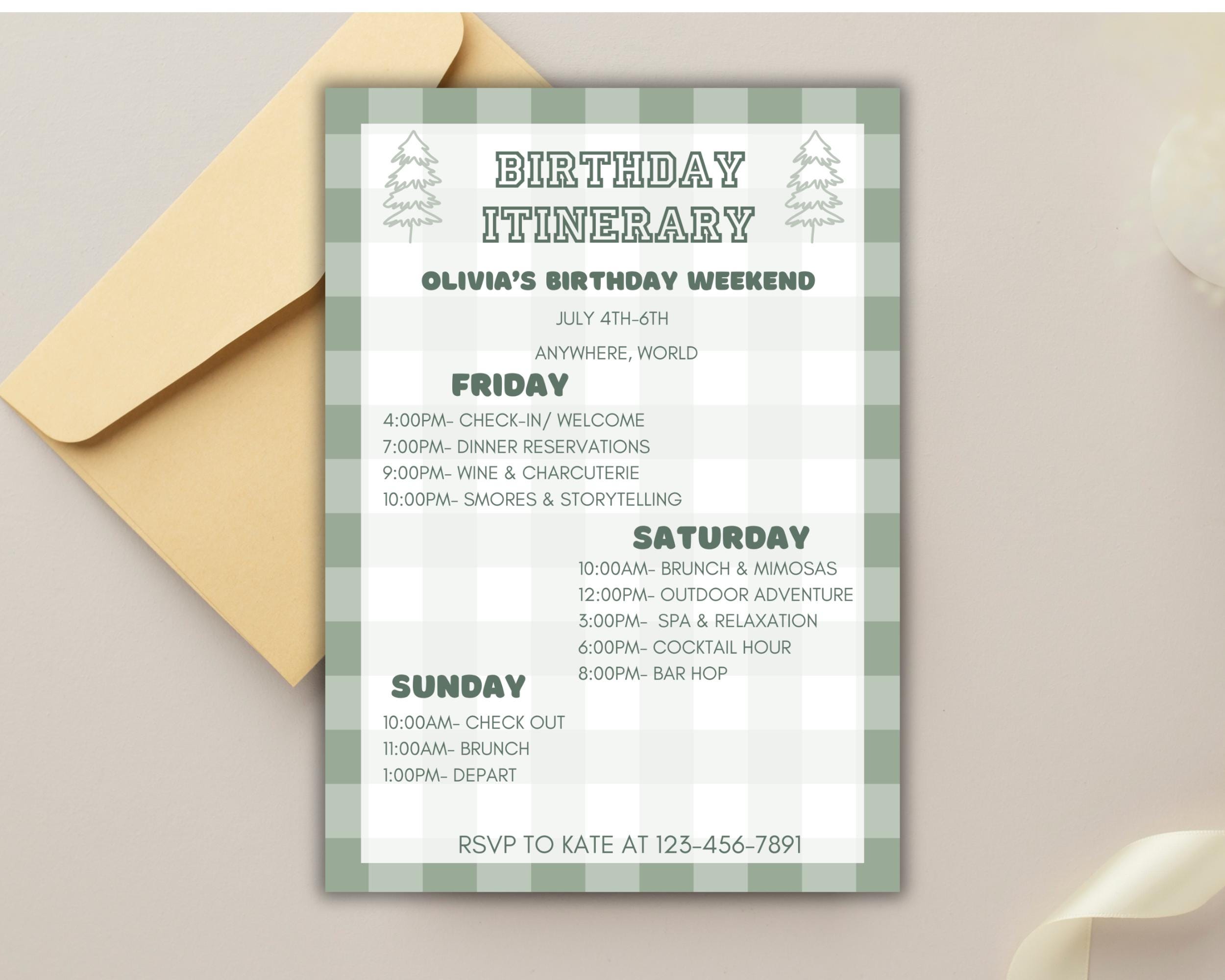 Birthday Trip Itinerary Template, Birthday Weekend Itinerary, Camping ...