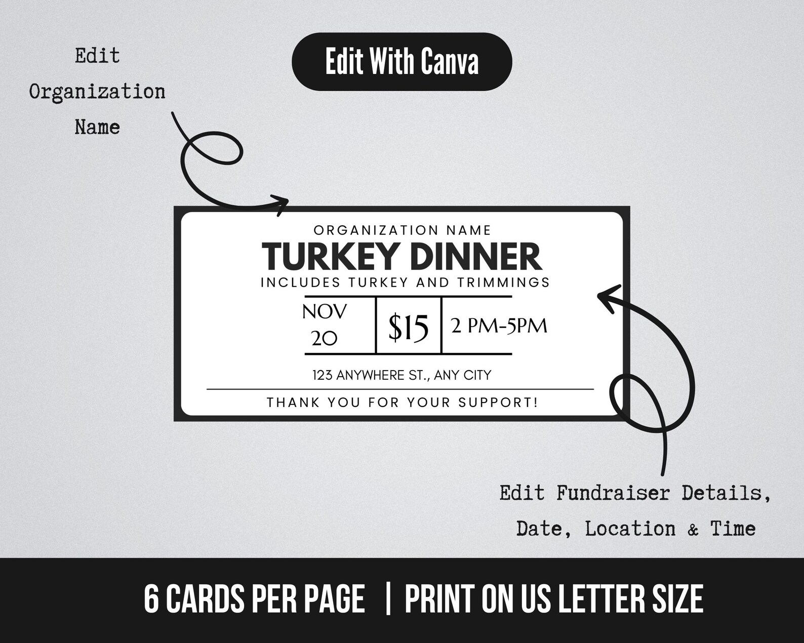 Editable Turkey Dinner Plate Fundraiser Ticket, Thanksgiving Fundraiser ...