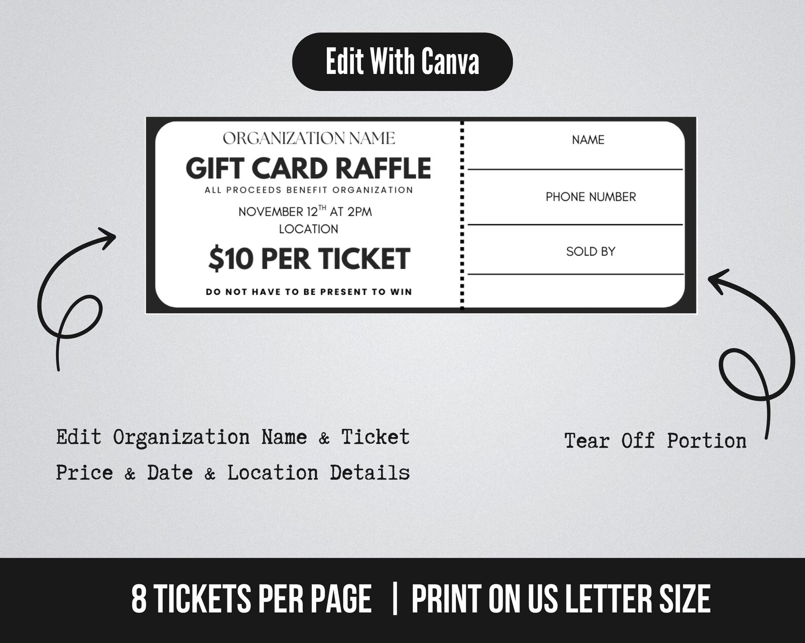 Editable Gift Card Raffle Ticket Template, Gift Card Raffle Fundraiser ...