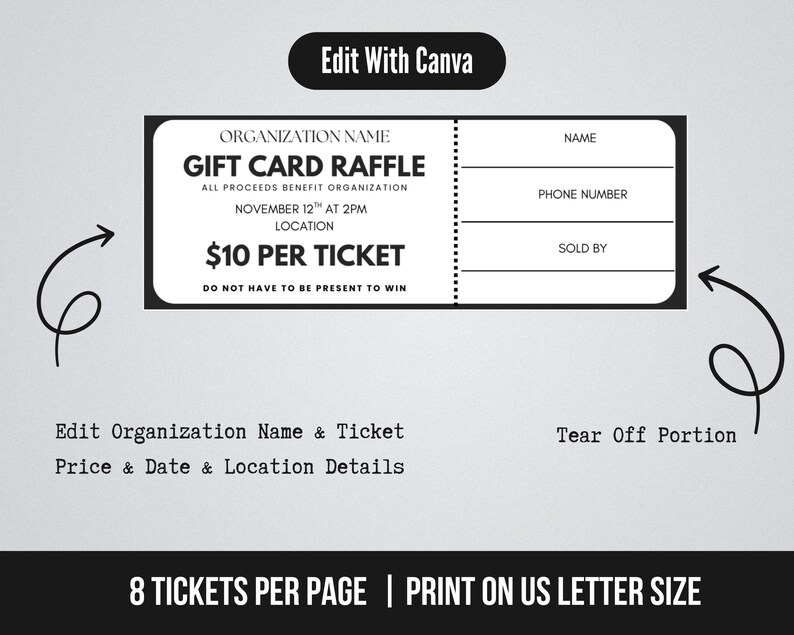 Editable Gift Card Raffle Ticket Template, Gift Card Raffle Fundraiser ...