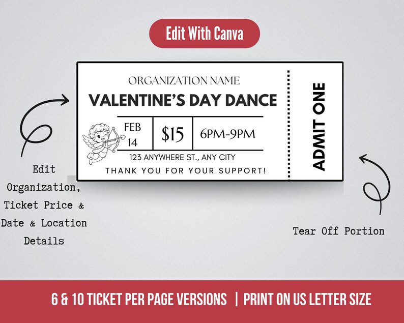 Editable Valentines Day Dance Ticket Template School Dance PTO PTA ...