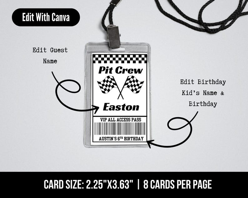 Pit Crew Badge for Race Car Birthday | Pit Crew VIP Pass| Editable VIP ...