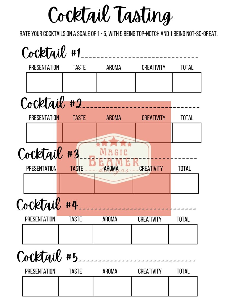 Cocktail Tasting Scorecard, Cocktail Competition, Cocktail Tasting Card ...
