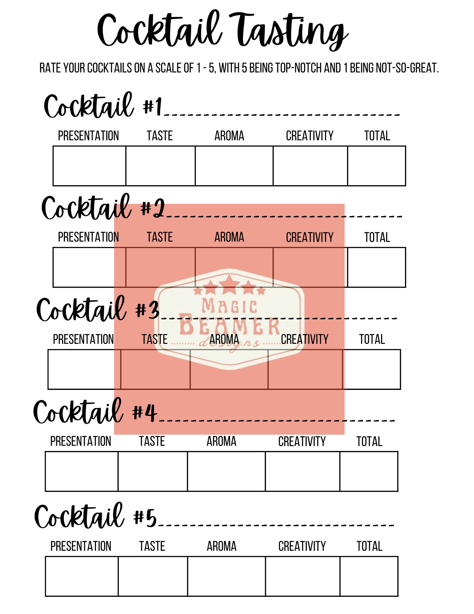 Cocktail Tasting Scorecard, Cocktail Competition, Cocktail Tasting Card ...