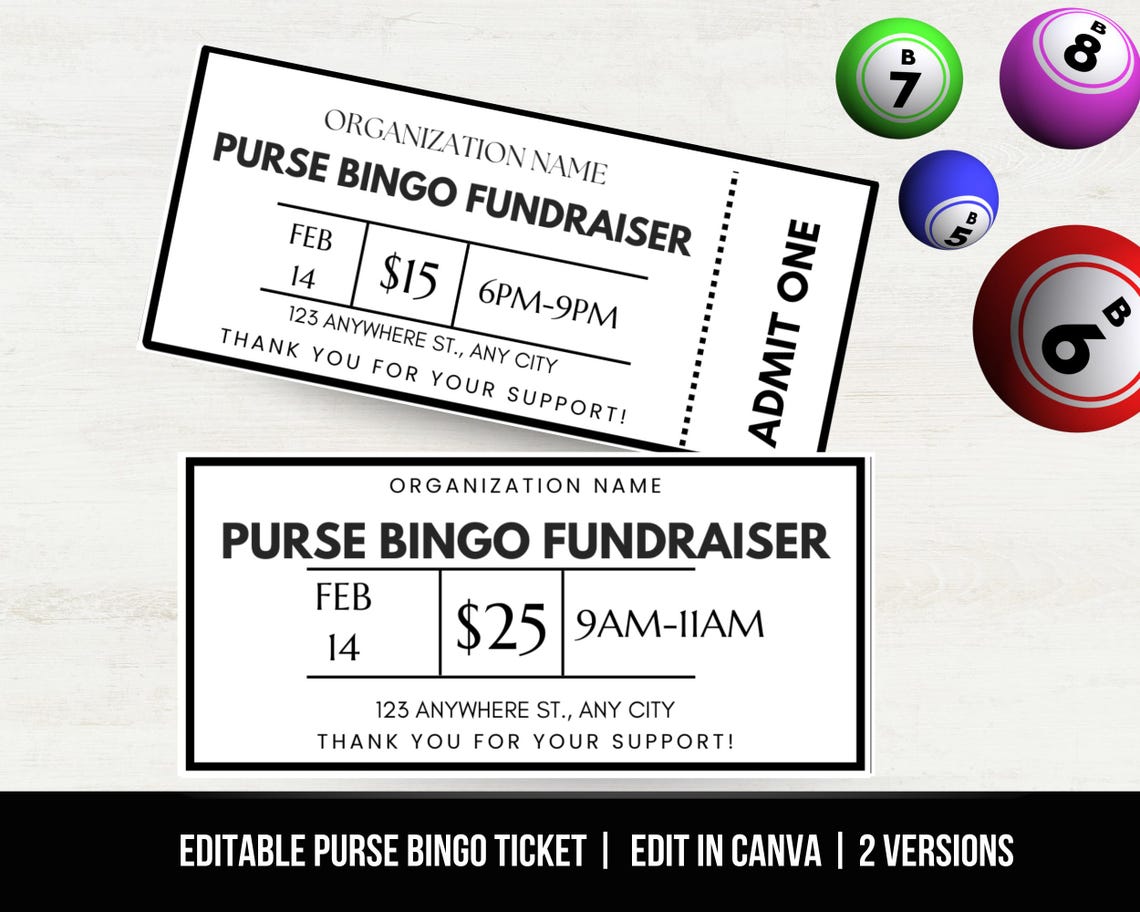Editable Purse Bingo Fundraiser Ticket Template, Designer Bag Bingo ...