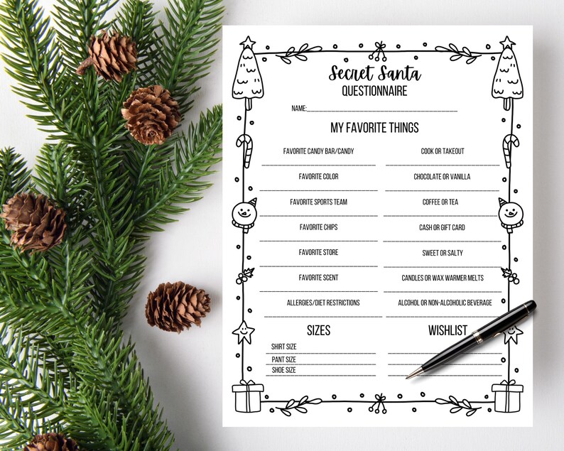Secret Santa Questionnaire, Secret Santa Survey, Christmas Survey, Gift ...