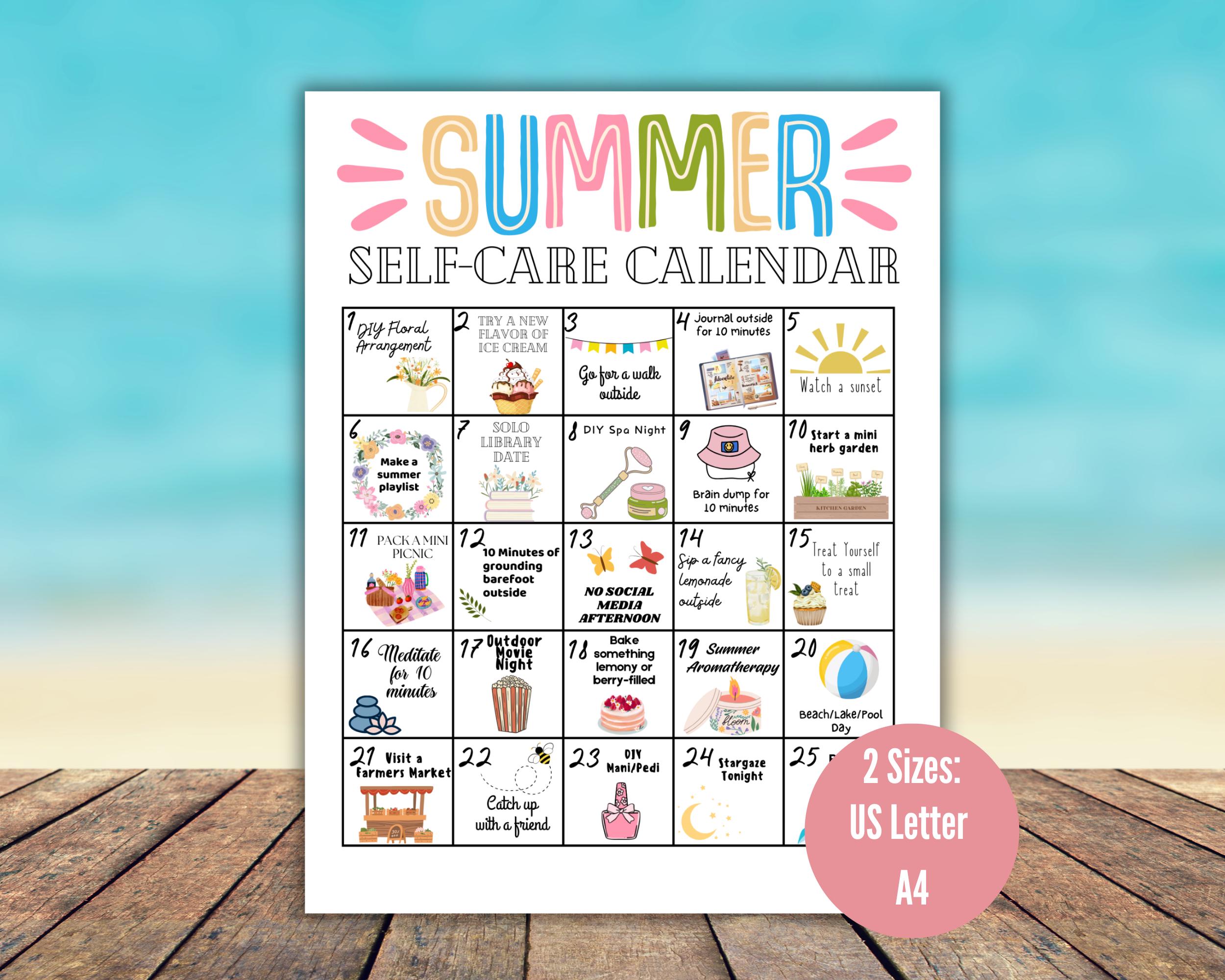 Self Care Summer Activity Calendar, Wellness Activity Challenge, Summer ...