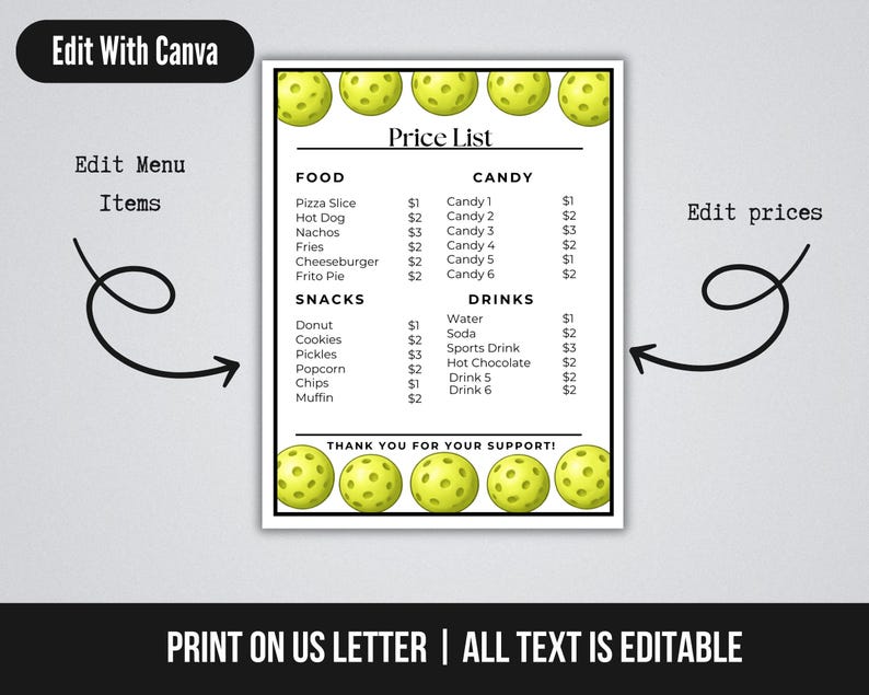 Editable Pickleball Concession Stand Price List Menu, Pickleball ...