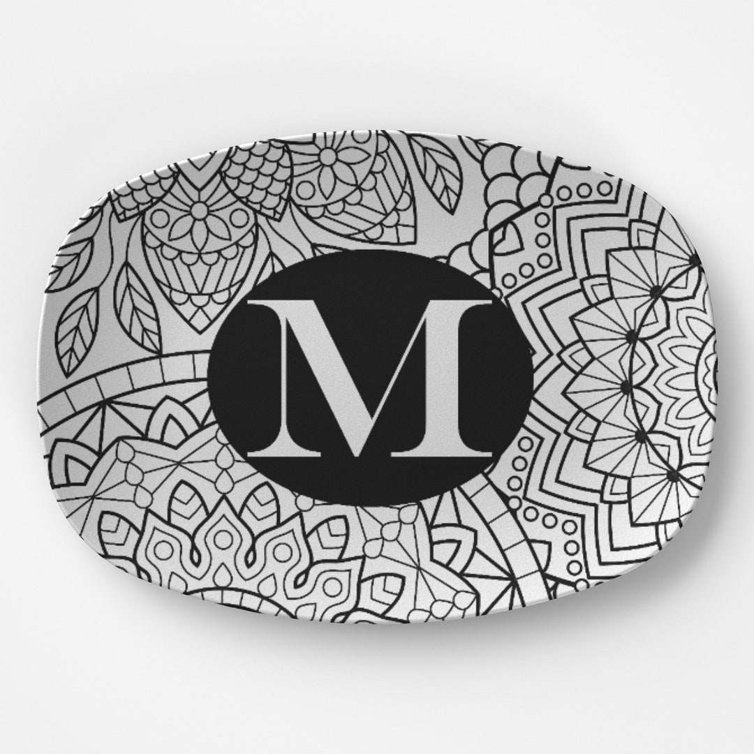 Personalized Black & White Floral Monogram Platter - Customized ...