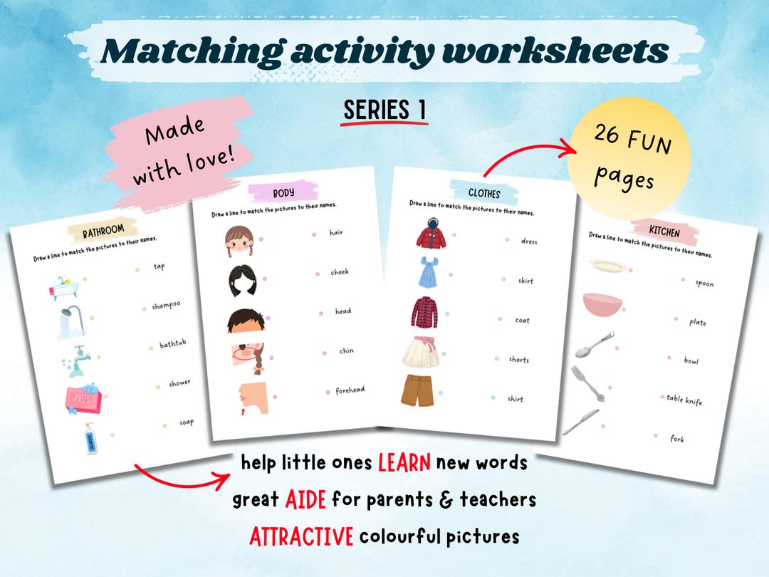 Matching Activity Worksheets Printable Kids, Digital Products Teachers ...