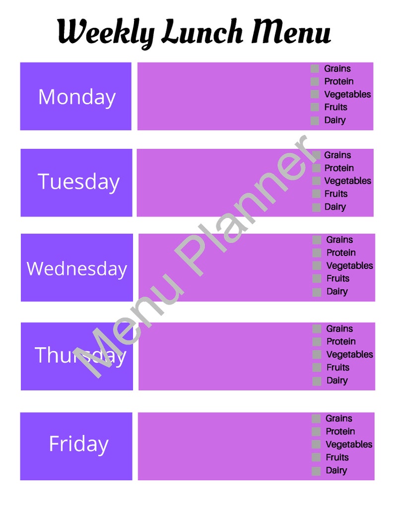 Weekly Lunch Menu Planner Template for School/kids/work/family-digital ...