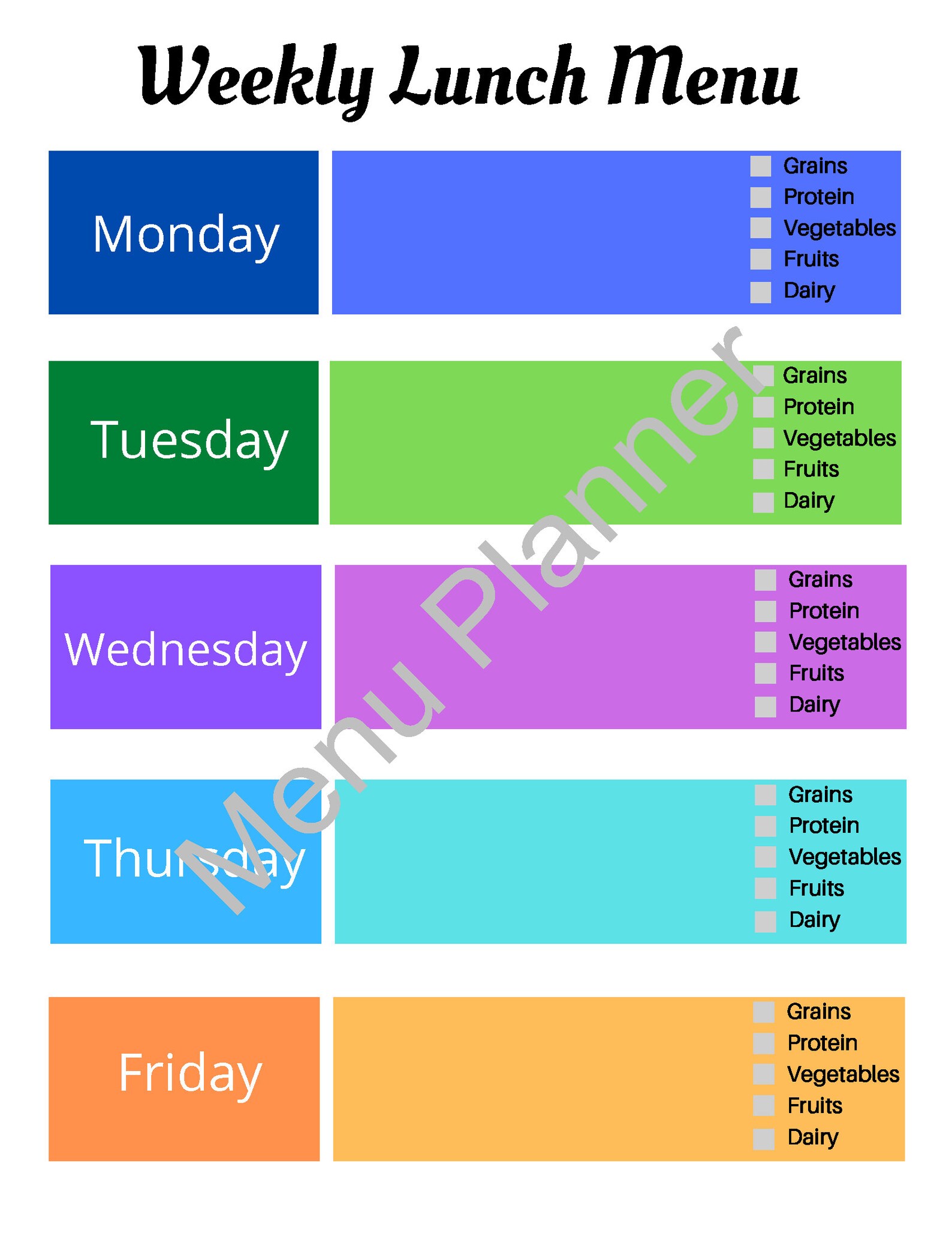 Weekly Lunch Menu Planner Template for School/kids/work/family-digital ...