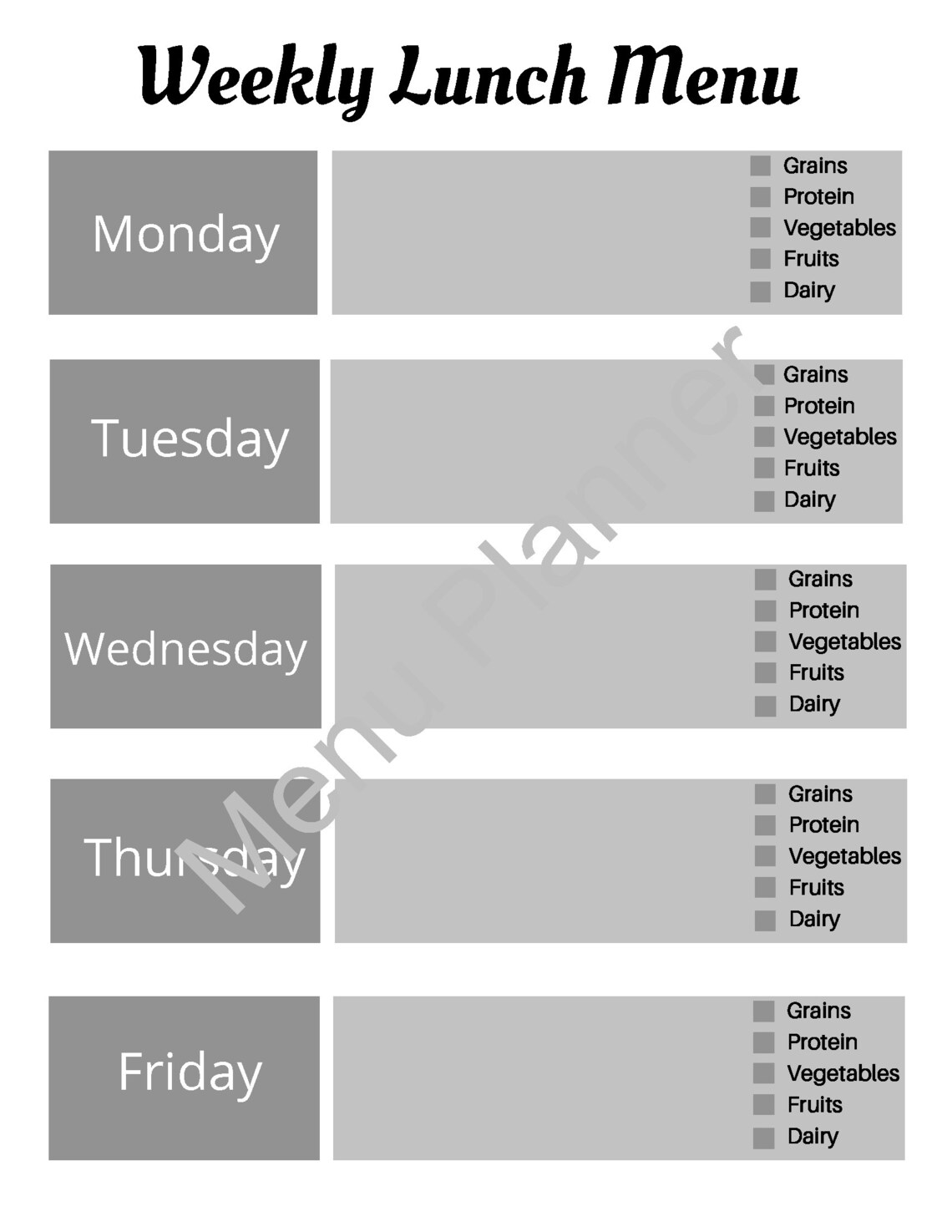 Weekly Lunch Menu Planner Template for School/kids/work/family-digital ...