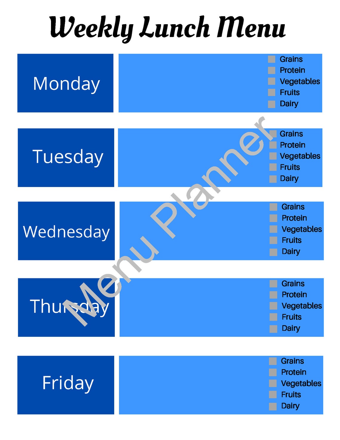 Weekly Lunch Menu Planner Template for School/kids/work/family-digital ...
