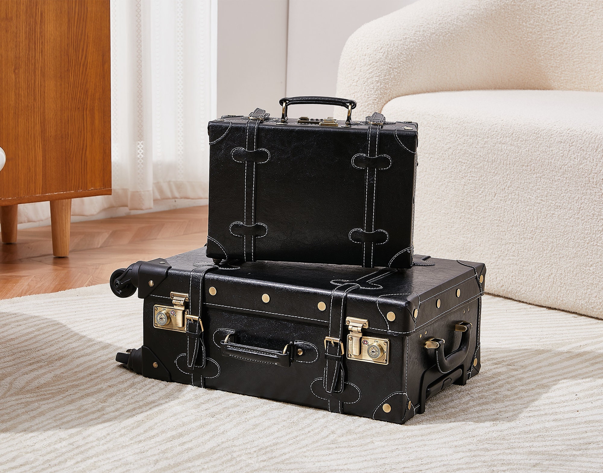Vintage Style Black Suitcase for Men and Women, Luggage Set With Wheels ...