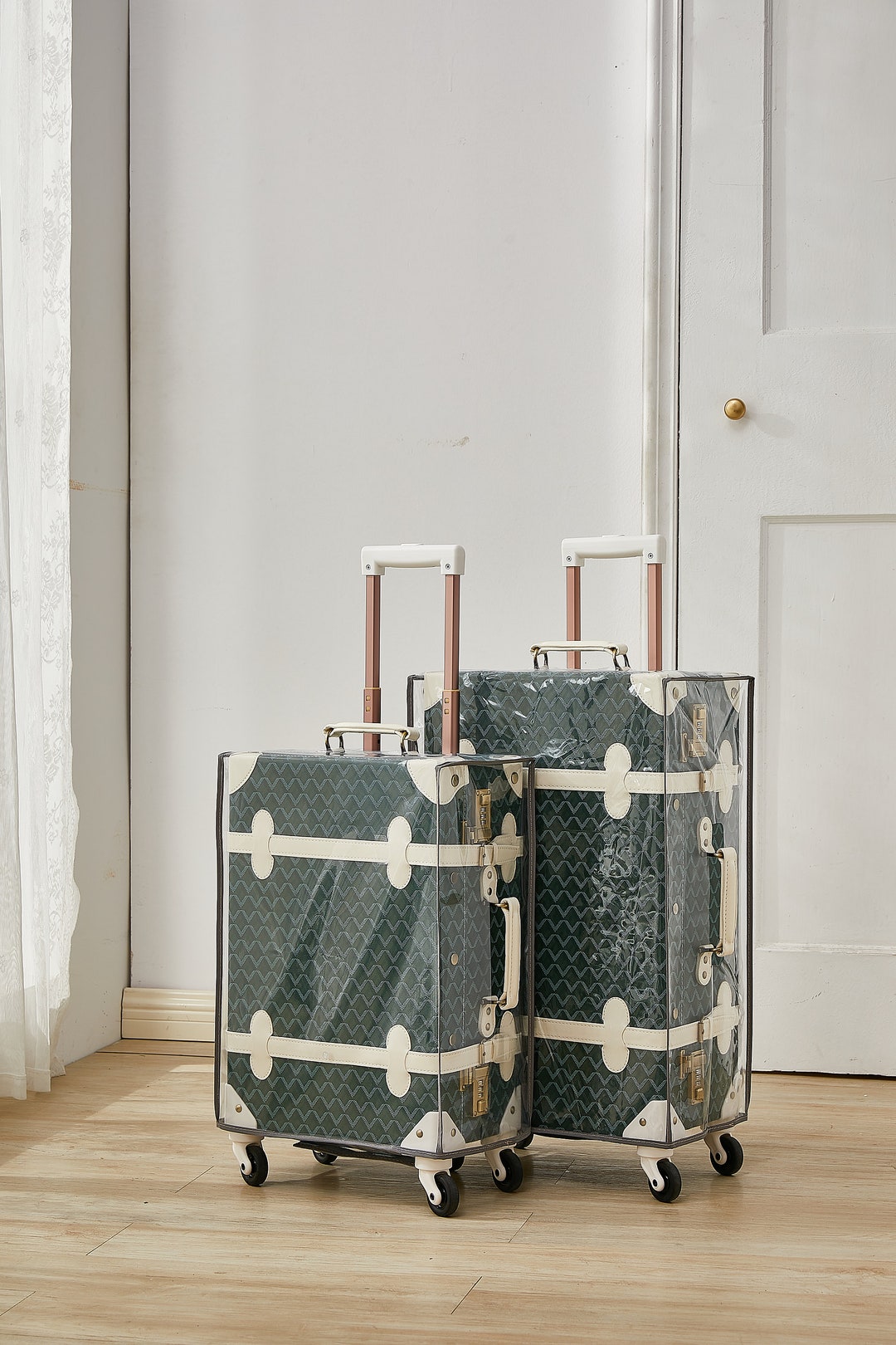 Green Diamond Pattern Suitcase Set for Woman, Luggage With Wheels ...