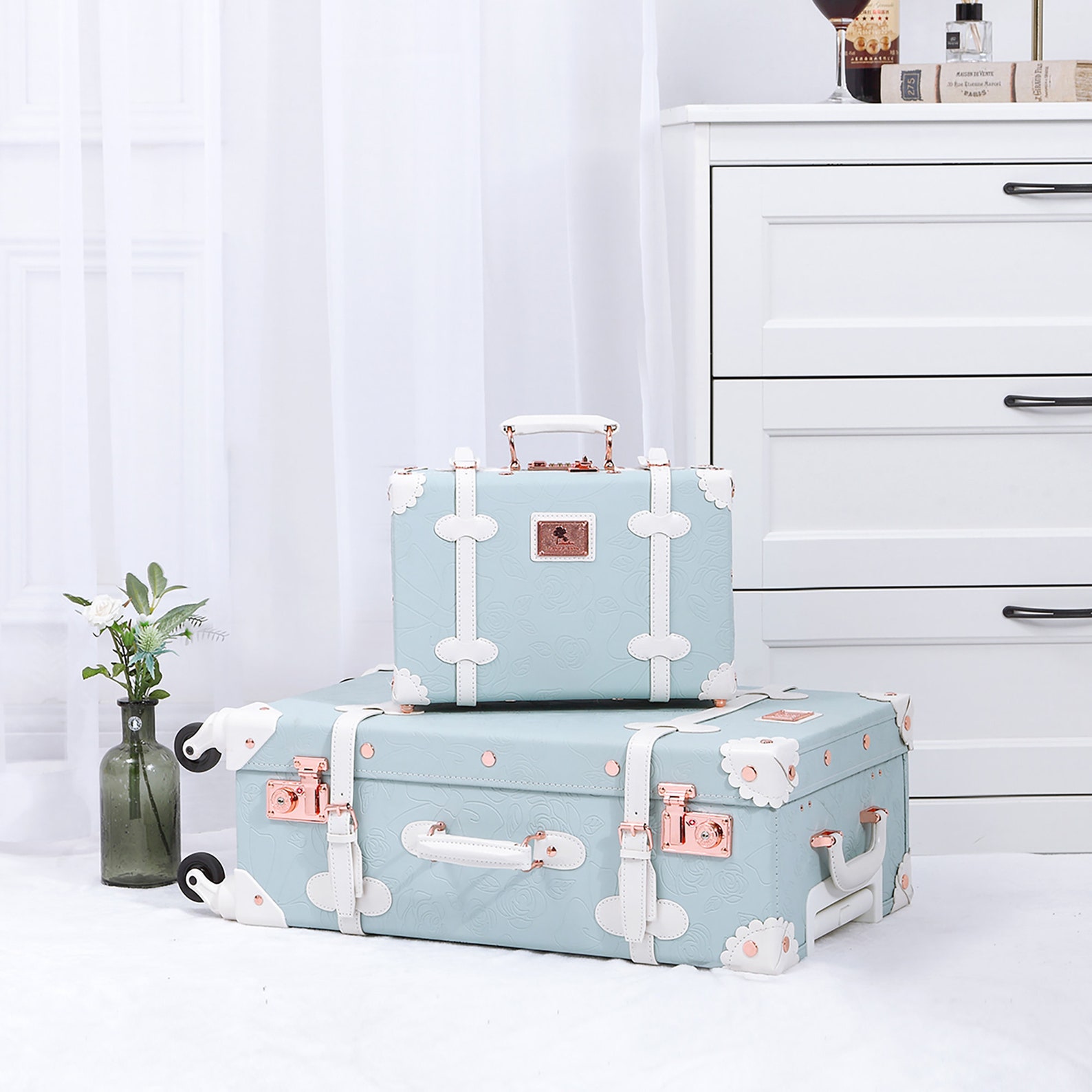 Vintage Style Embossed Blue Suitcase, Luggage Set With Wheels and Combo ...