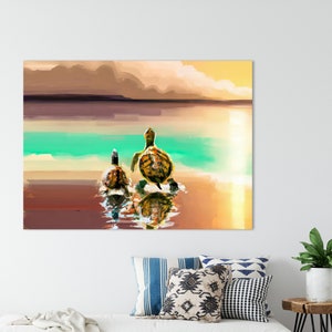 Two Turtles on the Beach Wall Art Poster Printable Golden - Etsy