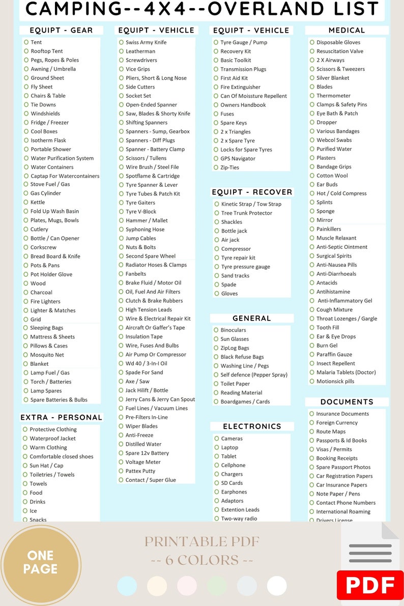 Camping 4x4 Overland List, Excel, Printable PDF, Digital Download ...