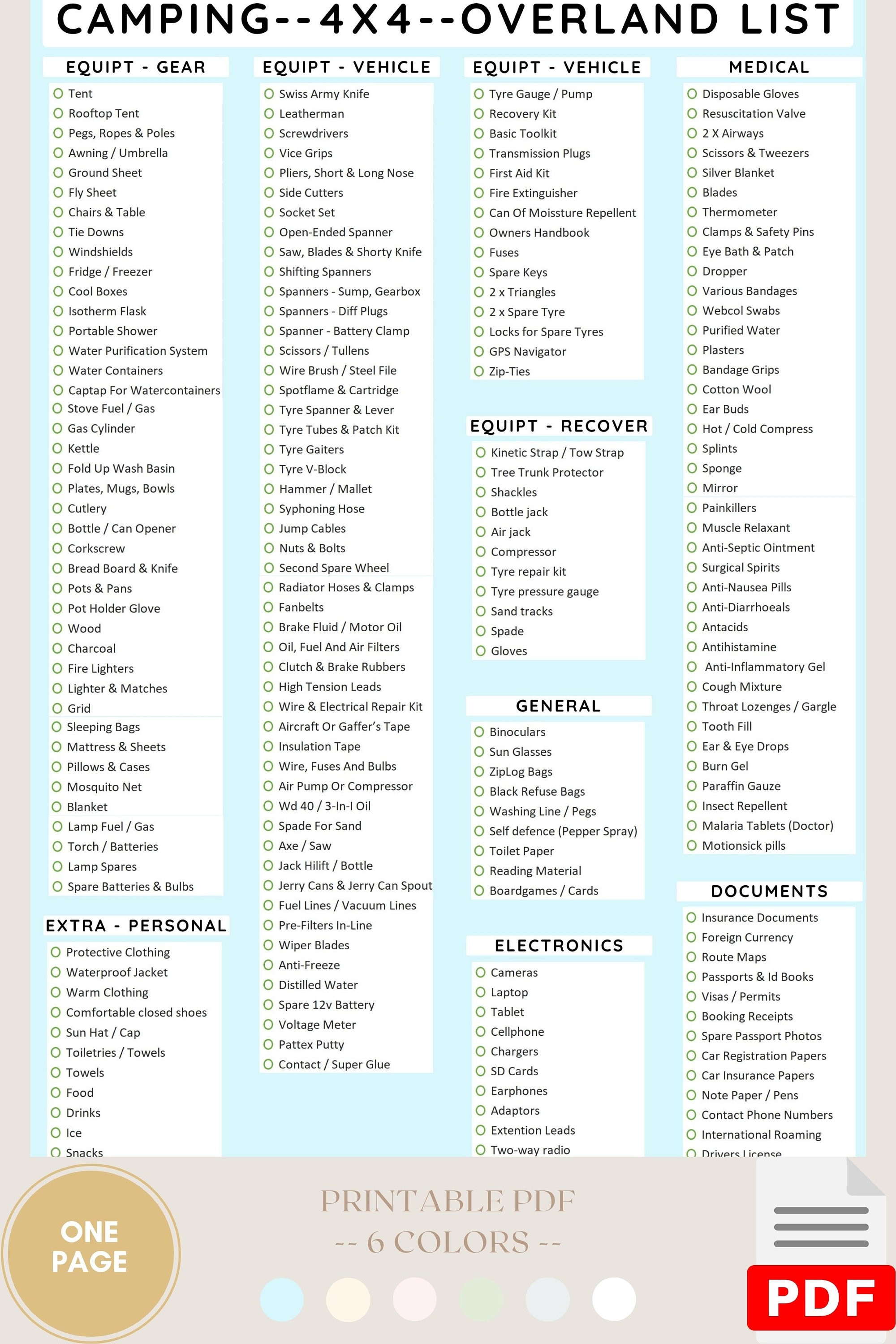 Camping 4x4 Overland List, Excel, Printable PDF, Digital Download ...